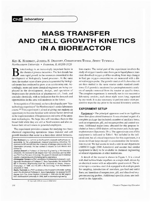 (PDF) Mass transfer and cell growth kinetics in a bioreactor