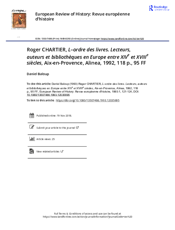 (PDF) Roger Chartier. L'ordre des livres: Lecteurs, auteurs, bibliothèques en Europe entre XIVe ...