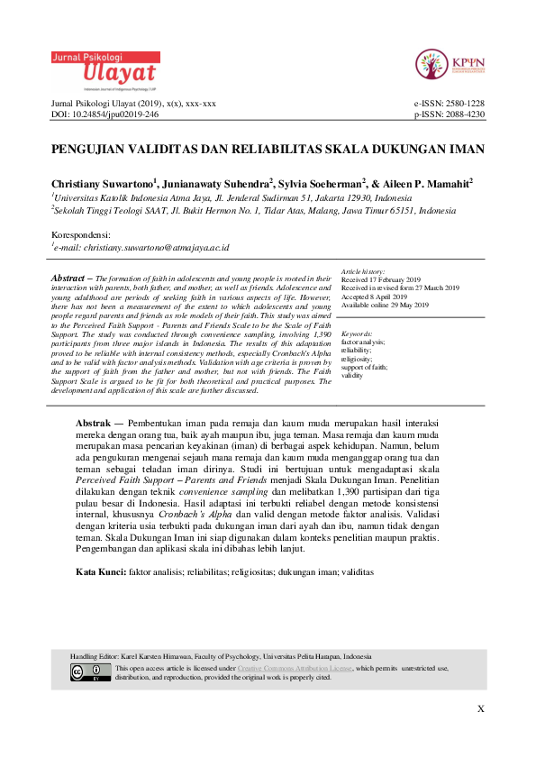(PDF) Pengujian validitas dan reliabilitas Skala Dukungan Iman