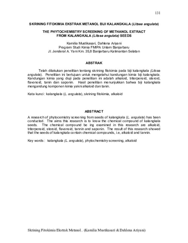 (PDF) SKRINING FITOKIMIA EKSTRAK METANOL BIJI KALANGKALA (Litsea angulata)