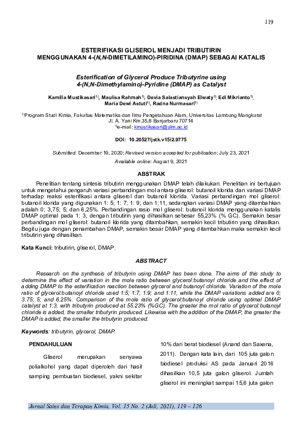 (PDF) Esterifikasi Gliserol Menjadi Tributirin Menggunakan 4-(N,N-DIMETILAMINO)-PIRIDINA (Dmap)