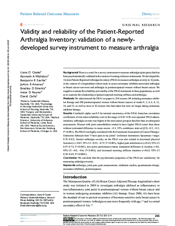 (PDF) Validity and reliability of the Patient-Reported Arthralgia Inventory: validation of a ...