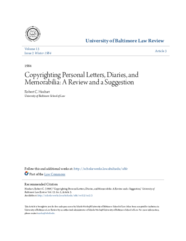 (PDF) Copyrighting Personal Letters, Diaries, and Memorabilia: A Review ...