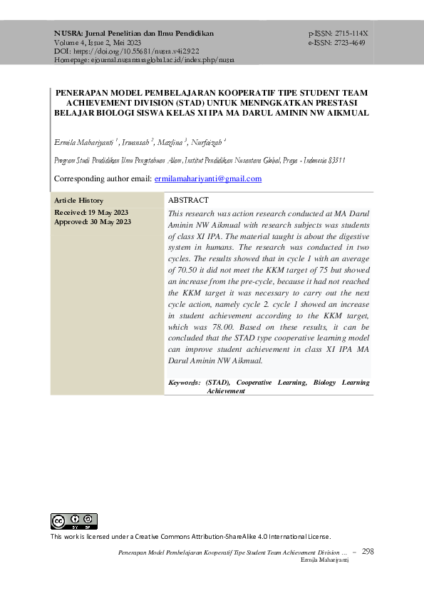 (PDF) Penerapan Model Pembelajaran Kooperatif Tipe Student Team Achievement Division (Stad ...