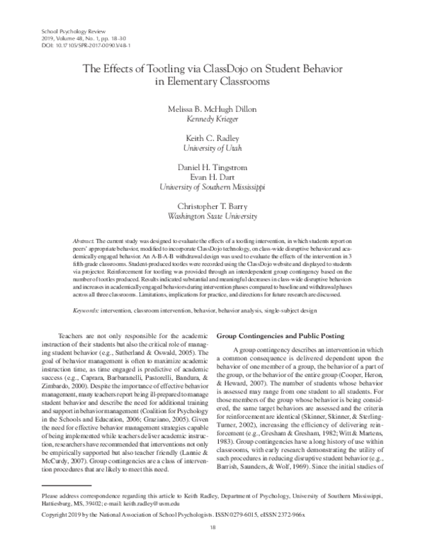 (PDF) The Effects of Tootling via ClassDojo on Student Behavior in ...