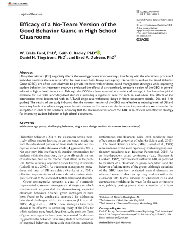 (PDF) Efficacy of a No-Team Version of the Good Behavior Game in High ...