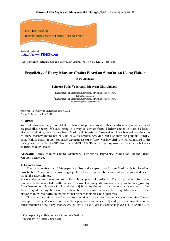 (PDF) Ergodicity Of Fuzzy Markov Chains Based On Simulation Using ...