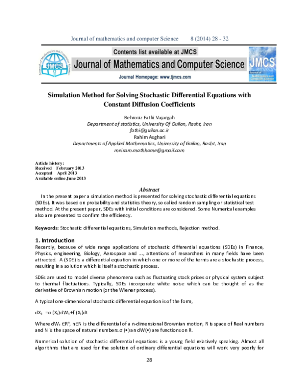 (PDF) Simulation Method For Solving Stochastic Differential Equations With Constant Diffusion ...