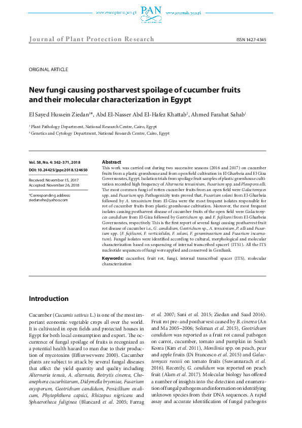 (PDF) New fungi causing postharvest spoilage of cucumber fruits and their molecular ...