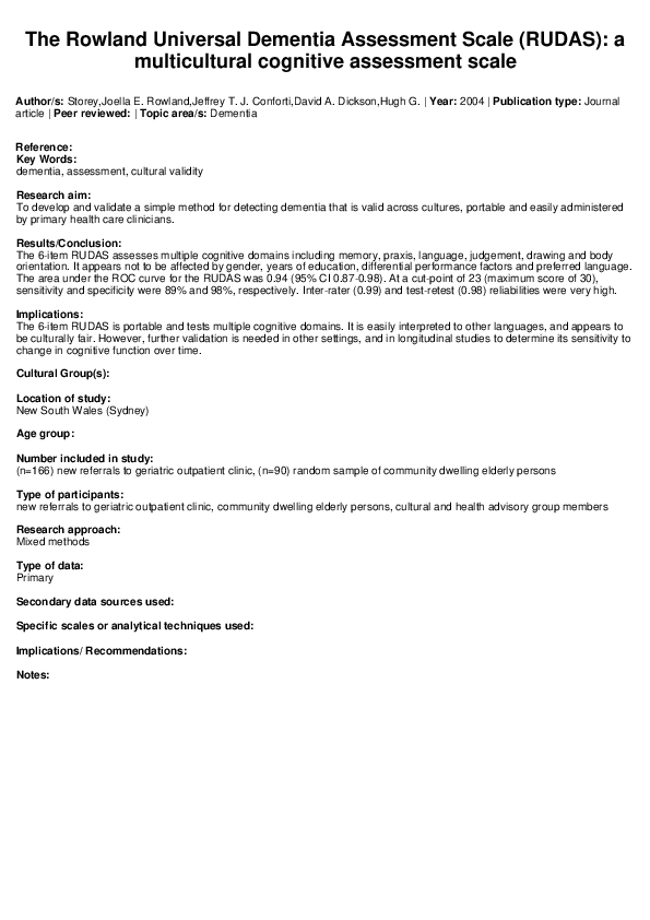 (PDF) The Rowland Universal Dementia Assessment Scale (RUDAS): a ...