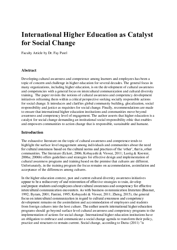 (PDF) International Higher Education as Catalyst for Social Change