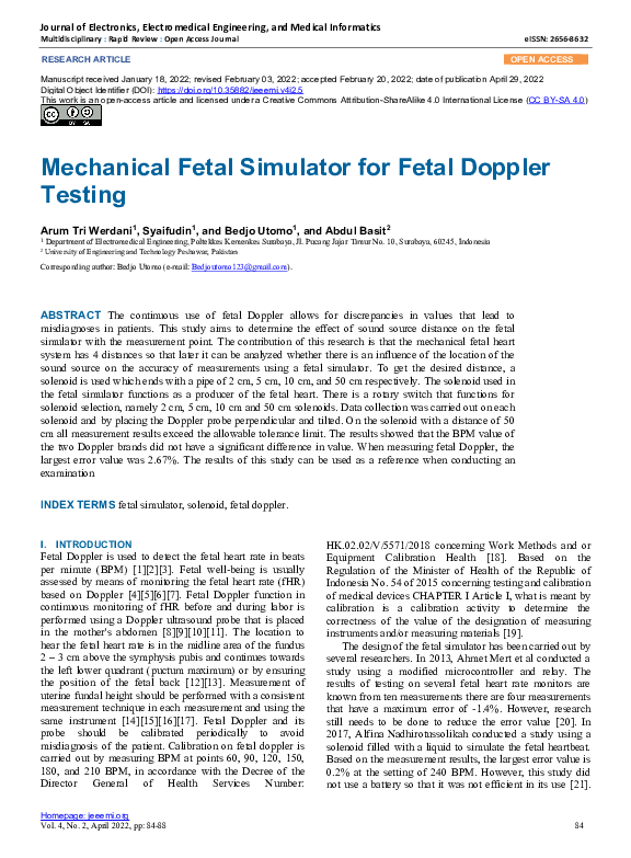 (PDF) Mechanical Fetal Simulator for Fetal Doppler Testing
