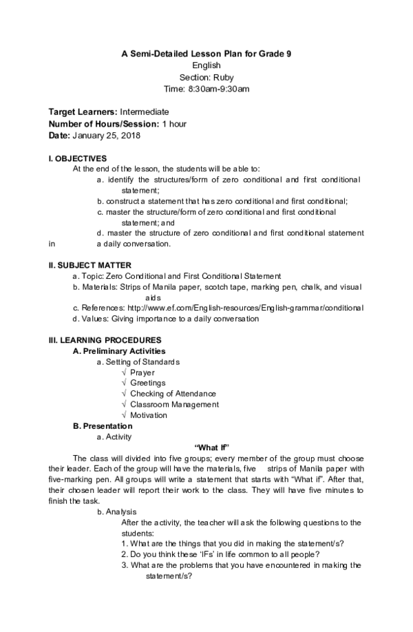 (DOC) A Semi-Detailed Lesson Plan for Grade 9 English Section: Ruby ...