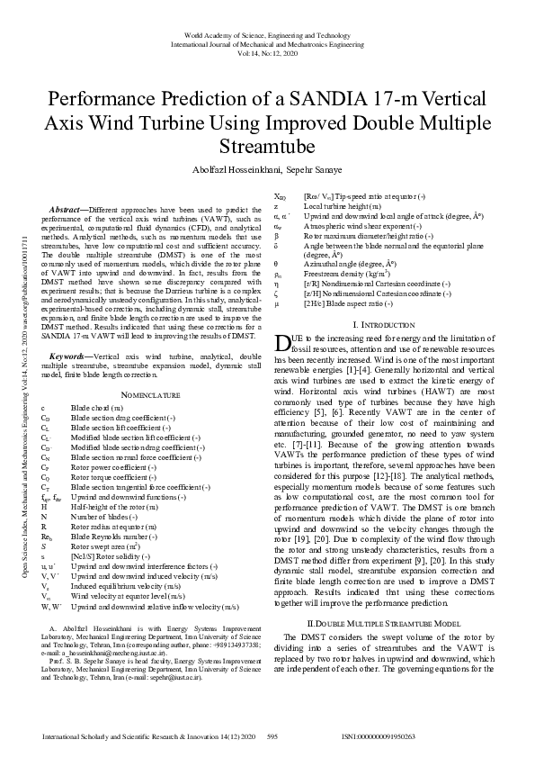 (PDF) Performance Prediction of a SANDIA 17-m Vertical Axis Wind ...