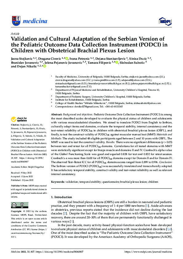 Pdf Validation And Cultural Adaptation Of The Serbian Version Of The Pediatric Outcome Data