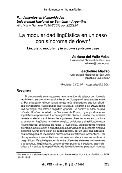 (PDF) La modularidad lingüística en un caso con síndrome de down 1 ...