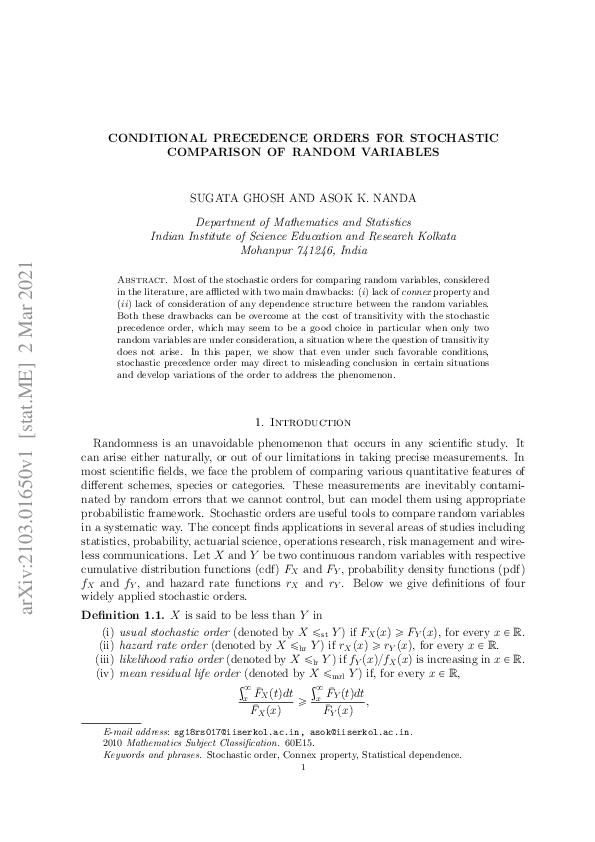 Pdf Conditional Precedence Orders For Stochastic Comparison Of Random Variables