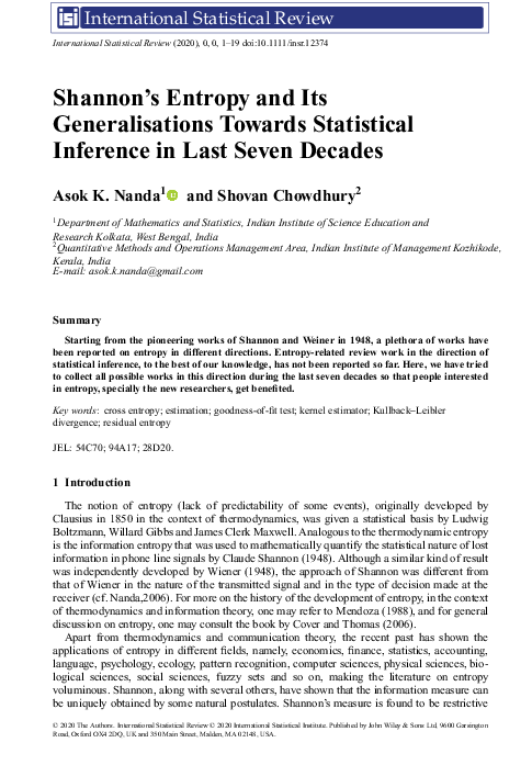 (PDF) Shannon's Entropy and Its Generalisations Towards Statistical Inference in Last Seven Decades