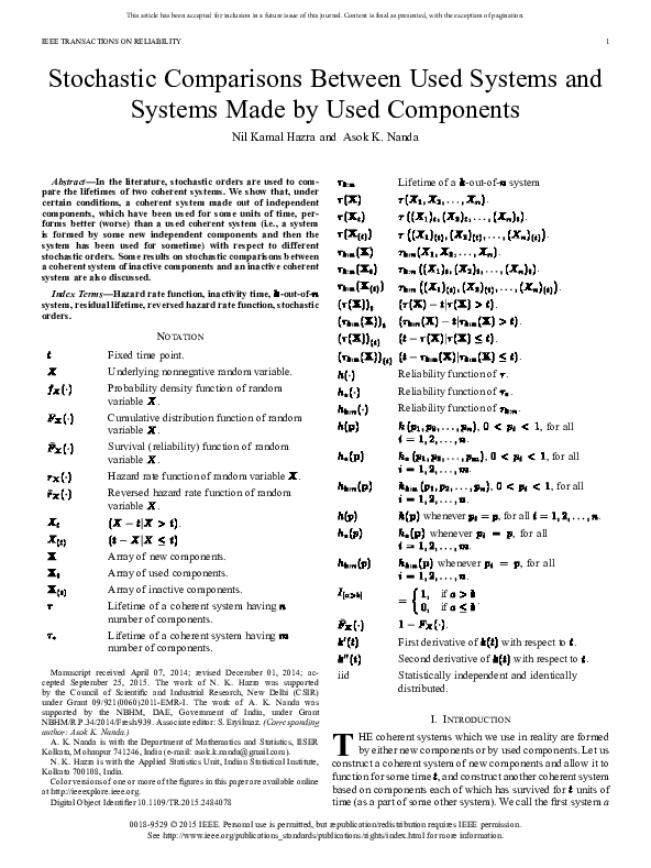(PDF) Stochastic Comparisons Between Used Systems and Systems Made by Used Components