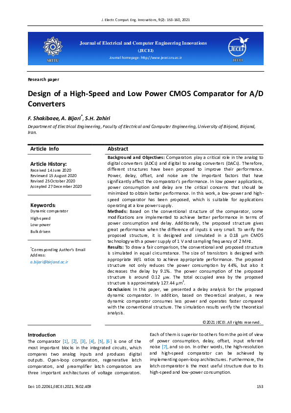 (PDF) Design of a High-Speed and Low Power CMOS Comparator for A/D ...