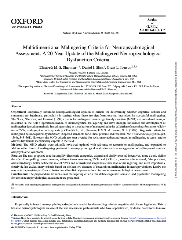 (PDF) Multidimensional Malingering Criteria for Neuropsychological ...
