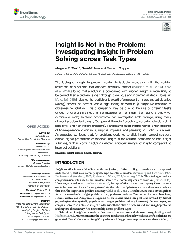 (PDF) Insight Is Not in the Problem: Investigating Insight in Problem Solving across Task Types ...