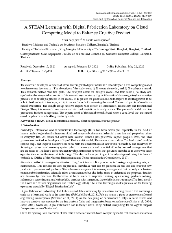 (PDF) A STEAM Learning with Digital Fabrication Laboratory on Cloud Computing Model to Enhance ...