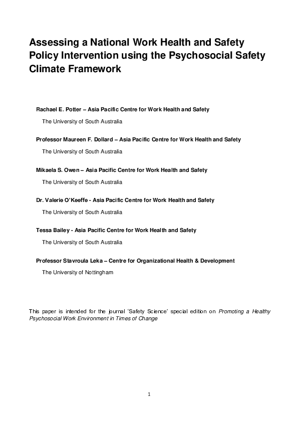 Pdf Assessing A National Work Health And Safety Policy Intervention Using The Psychosocial