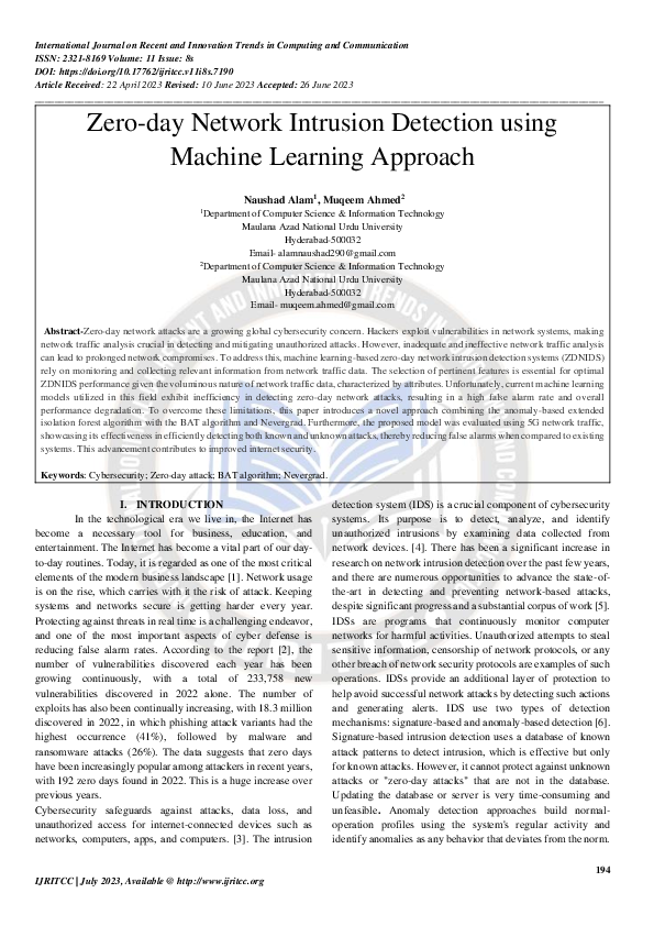 Pdf Zero Day Network Intrusion Detection Using Machine Learning Approach