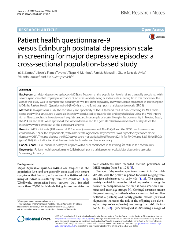(PDF) Patient health questionnaire-9 versus Edinburgh postnatal ...
