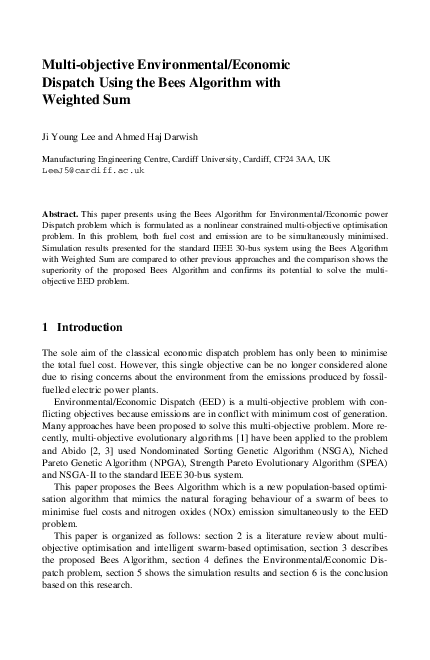 Pdf Multi Objective Environmentaleconomic Dispatch Using The Bees Algorithm With Weighted Sum