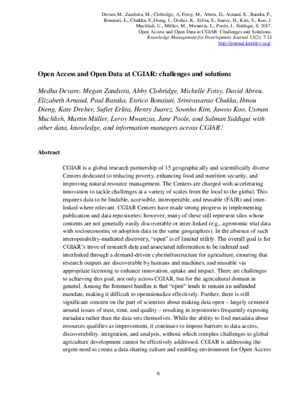 (PDF) Open Access and Open Data at CGIAR: Challenges and Solutions