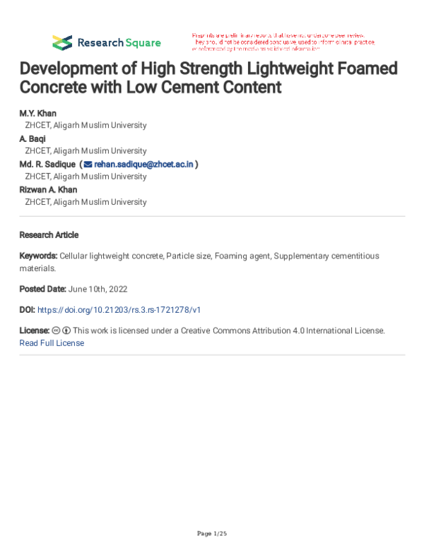 (PDF) Development of High Strength Lightweight Foamed Concrete with Low ...