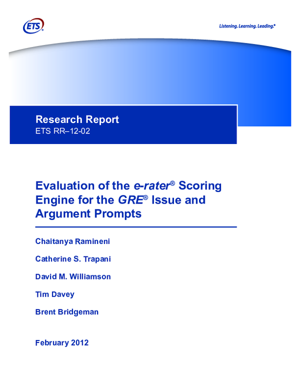 (PDF) Evaluation of the "e-rater"® Scoring Engine for the "GRE"® Issue and Argument Prompts ...