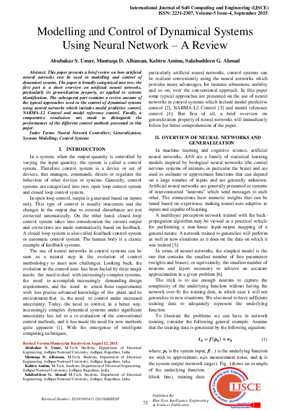 Pdf Modelling And Control Of Dynamical Systems Using Neural Network