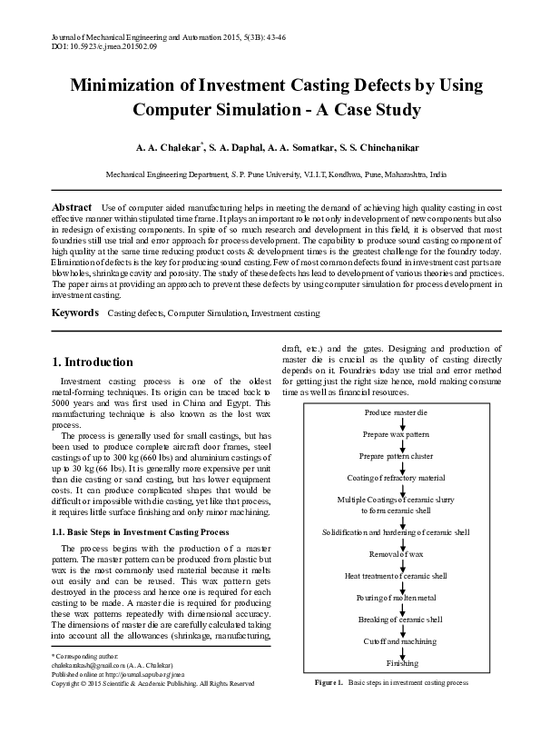 (PDF) Minimization of Investment Casting Defects by Using Computer Simulation - A Case Study