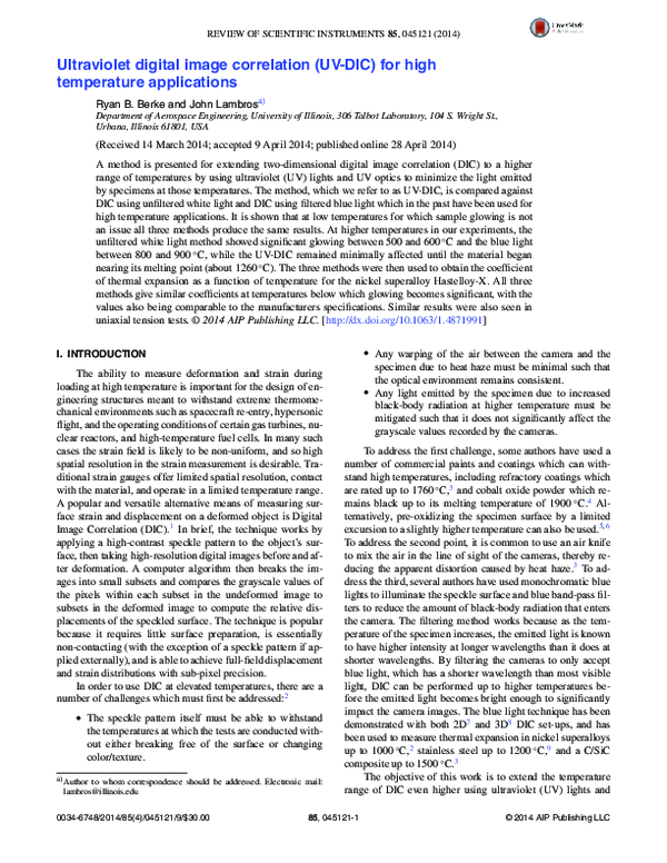 (PDF) Ultraviolet digital image correlation (UV-DIC) for high temperature applications