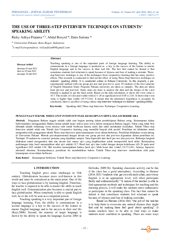 (PDF) The Use of Three-Step Interview Technique on Students’ Speaking ...