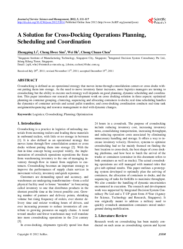 (PDF) A Solution for Cross-docking Operations Planning, Scheduling and Coordination