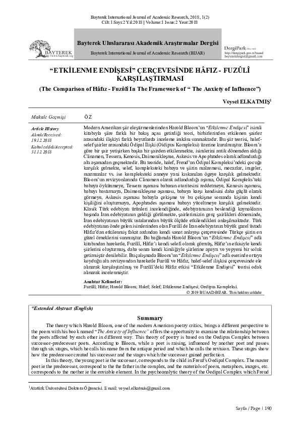 (PDF) “Etki̇lenme Endi̇şesi̇” Çerçevesi̇nde Hâfiz - Fuzûlî ...
