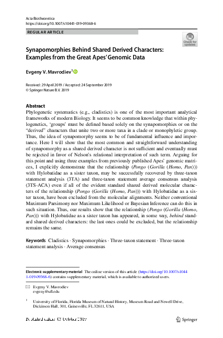 (PDF) Synapomorphies Behind Shared Derived Characters: Examples from ...