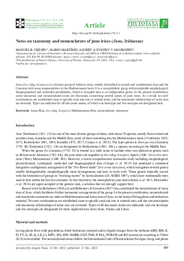 (PDF) Notes on taxonomy and nomenclature of juno irises (Juno, Iridaceae)