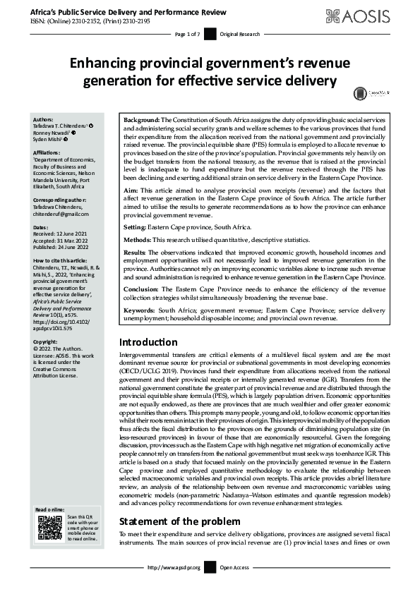 (PDF) Enhancing provincial government’s revenue generation for effective service delivery