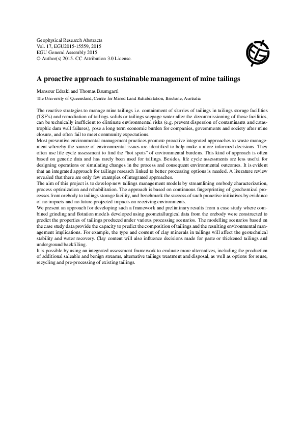 (PDF) A proactive approach to sustainable management of mine tailings