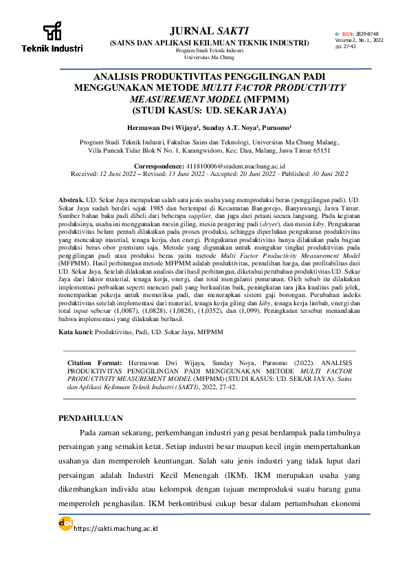 (PDF) Analisis Produktivitas Penggilingan Padi Menggunakan Metode Multi ...