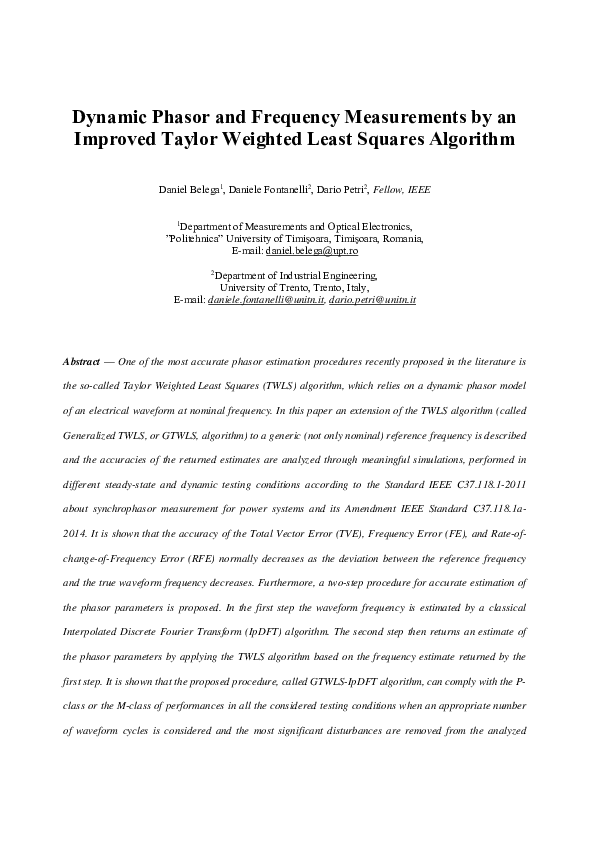 Pdf Dynamic Phasor And Frequency Measurements By An Improved Taylor