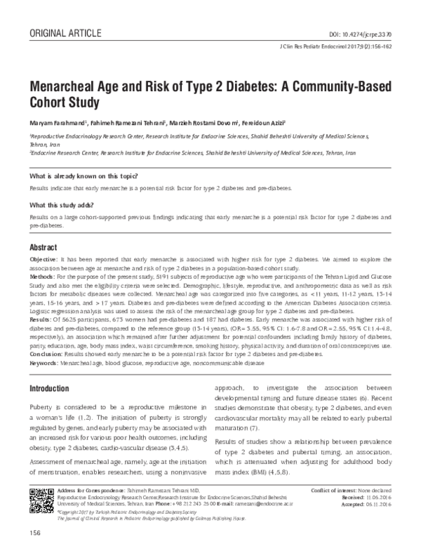 (PDF) Menarcheal Age and Risk of Type 2 Diabetes: A Community-Based ...