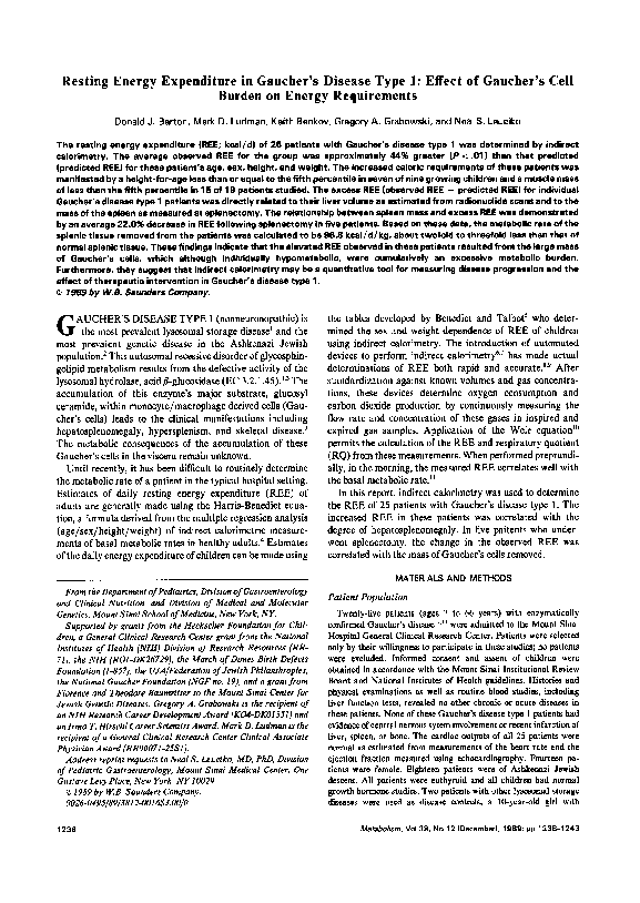 (PDF) Resting energy expenditure in Gaucher's disease type 1: Effect of ...