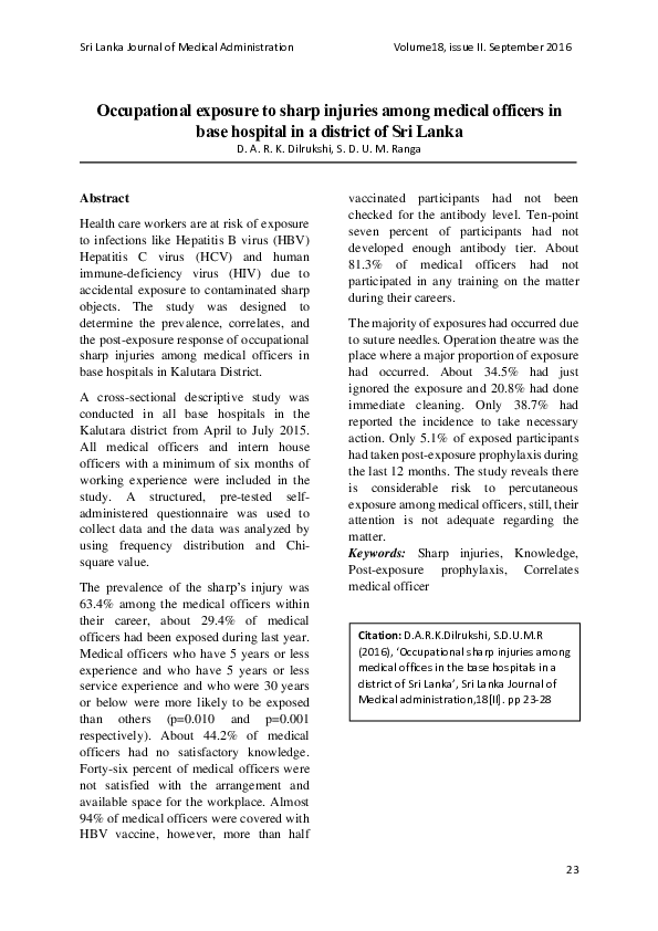 (PDF) Occupational exposure to sharp injuries among medical officers in ...