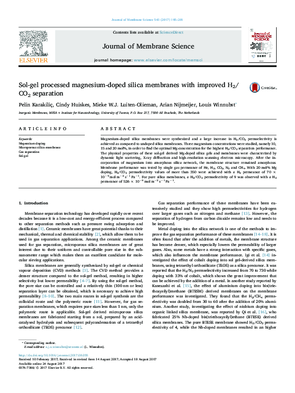 (PDF) Magnesium-Doped Silica Membranes for Enhanced H2/CO2 Separation